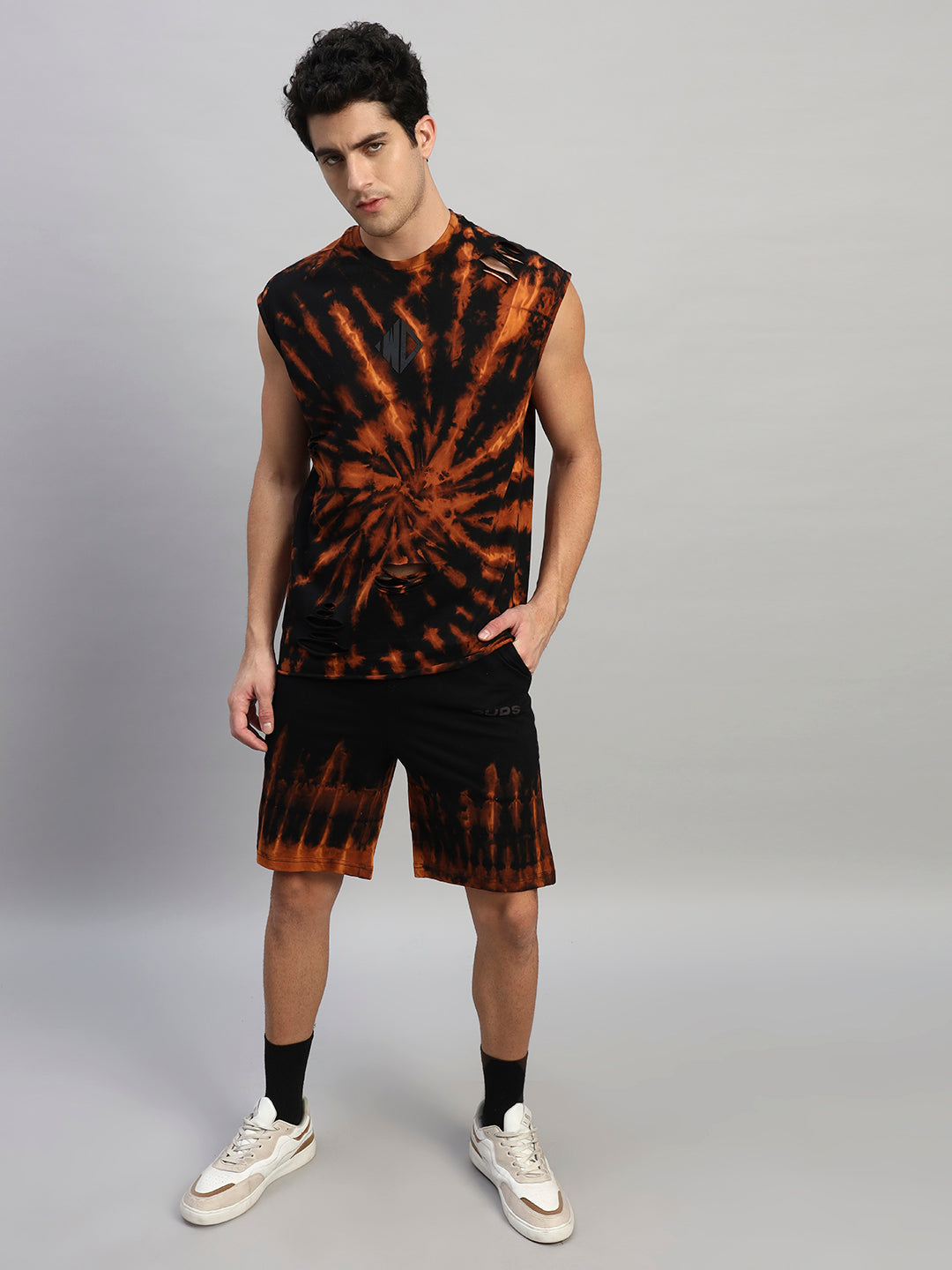 MUSCLE TEE RIPPED TIE-DYE CO-ORD SET (BLACK)