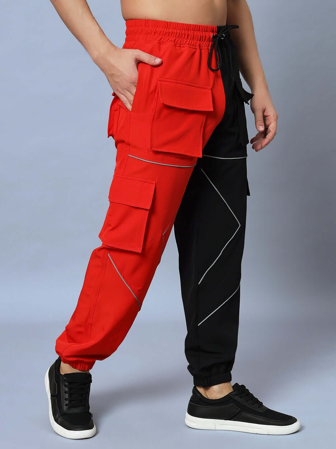 FRONTLINE REFLECTOR PARACHUTE CARGO PANTS RED BLACK